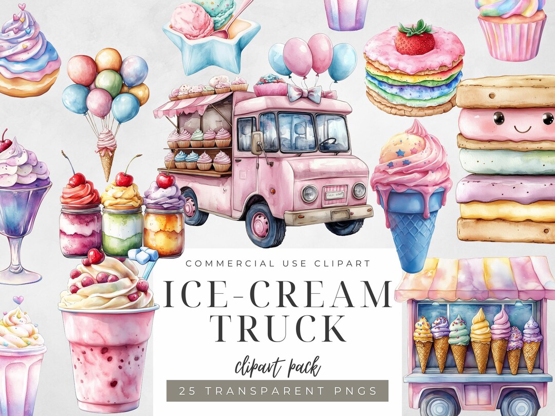 Pastel Watercolor Ice Cream Clipart Set, Ice Cream Truck, Popsicles ...