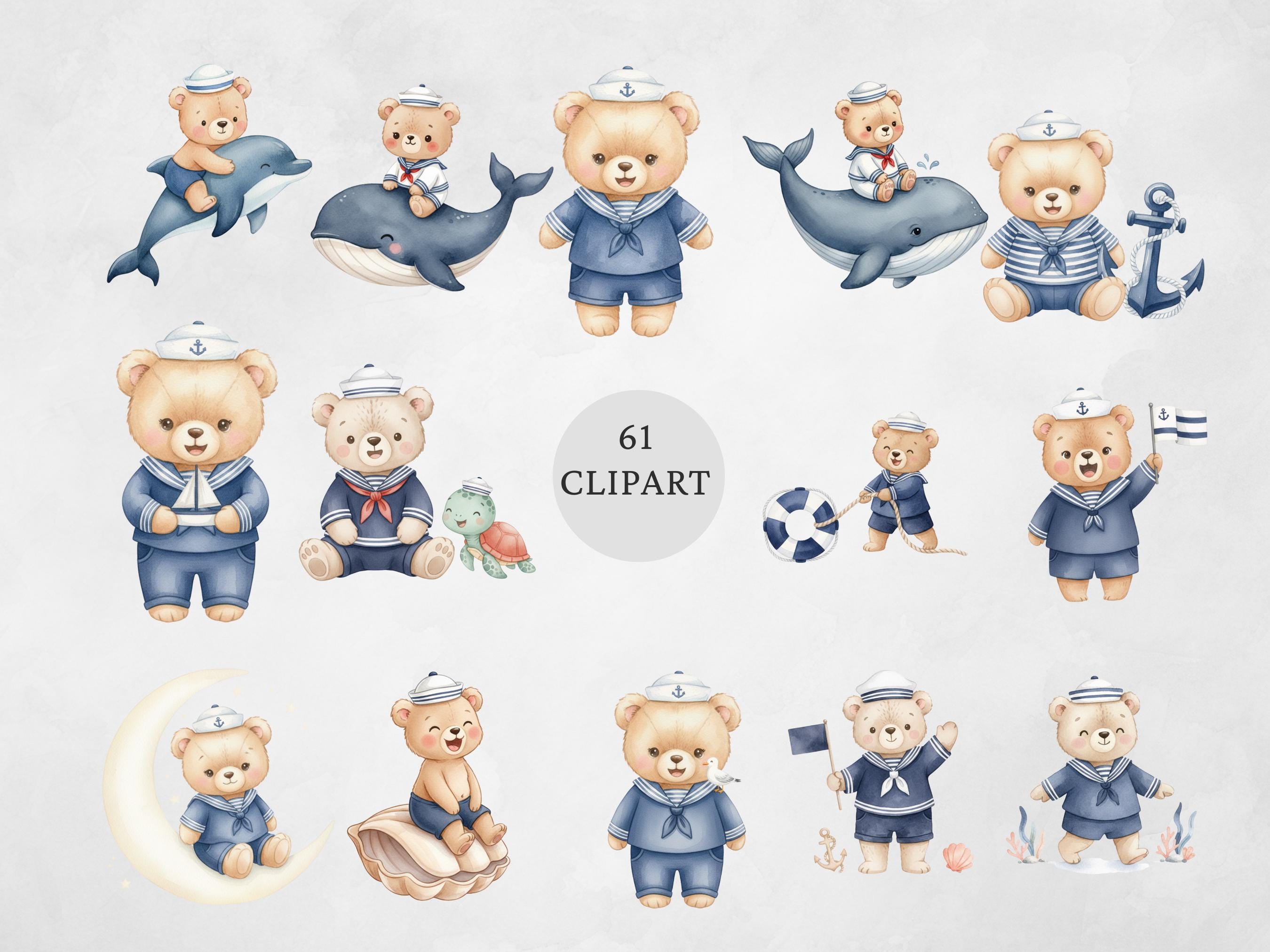 Watercolor Sailor Bear Clipart Set: Nautical Nursery PNG (digital ...