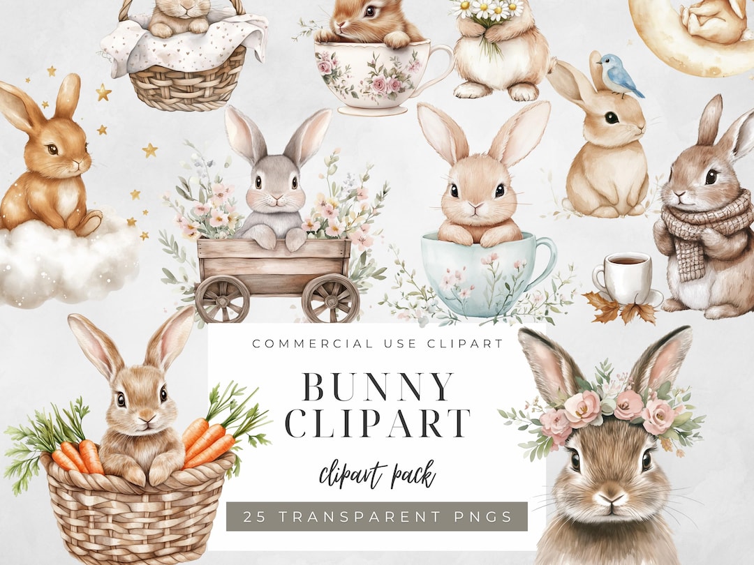 Watercolor Bunny Clipart: Pastel Easter Rabbit Illustrations (digital ...
