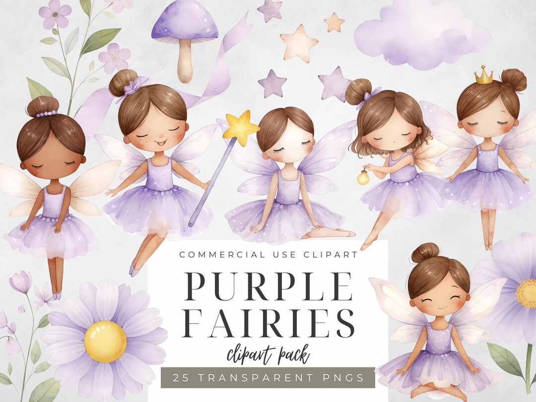 Purple Fairy Clipart Pack: Watercolor Nursery Art (PNG Download, 300 ...