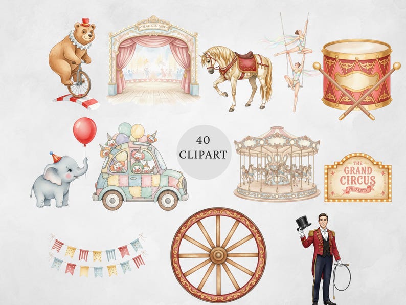 Circus Clipart, Watercolor Circus PNG Bundle, Cute Circus Animals ...