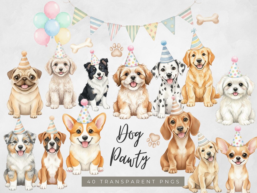 Dog Party Clipart Pack | Watercolor Puppy Birthday Animals, Balloons ...