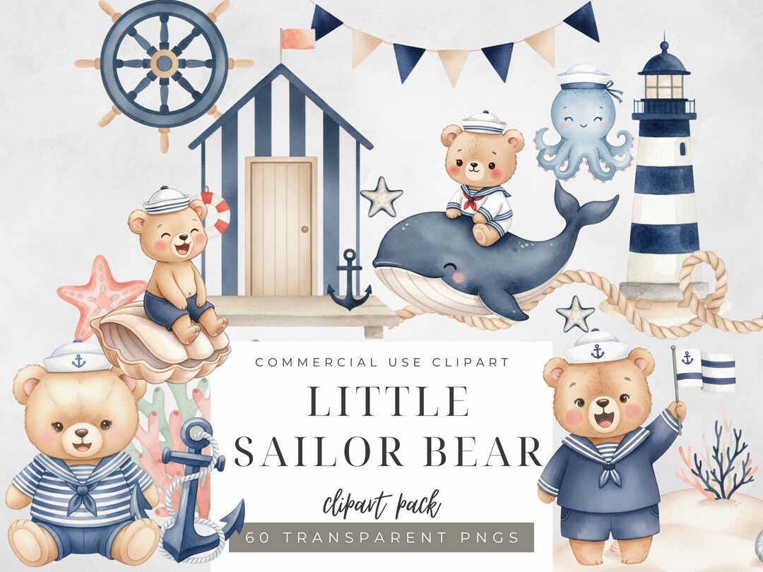 Watercolor Sailor Bear Clipart Set: Nautical Nursery PNG (digital ...