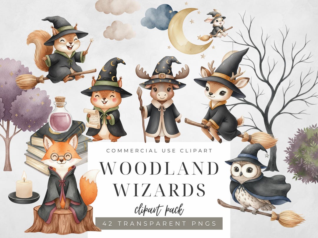 Watercolor Wizard Animals Clipart: Magical Nursery PNG (digital ...