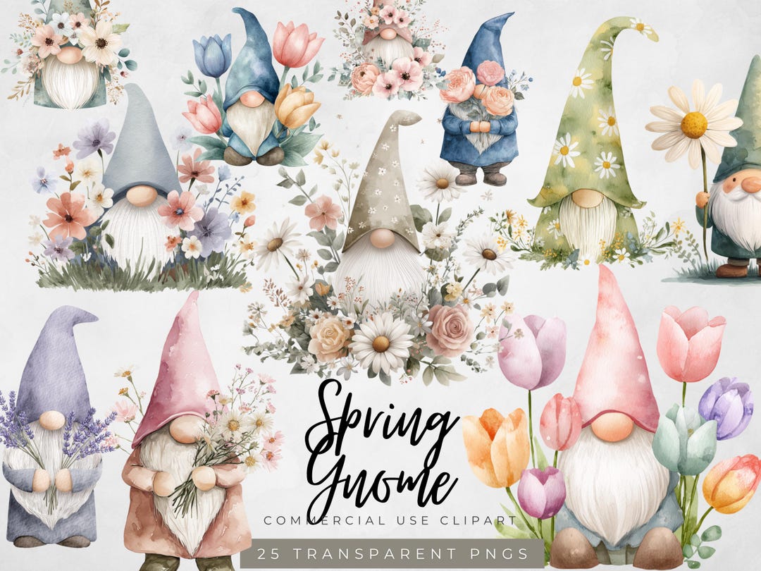 Spring Gnome Floral Clipart, Cute Garden Gnome With Flowers, Watercolor ...