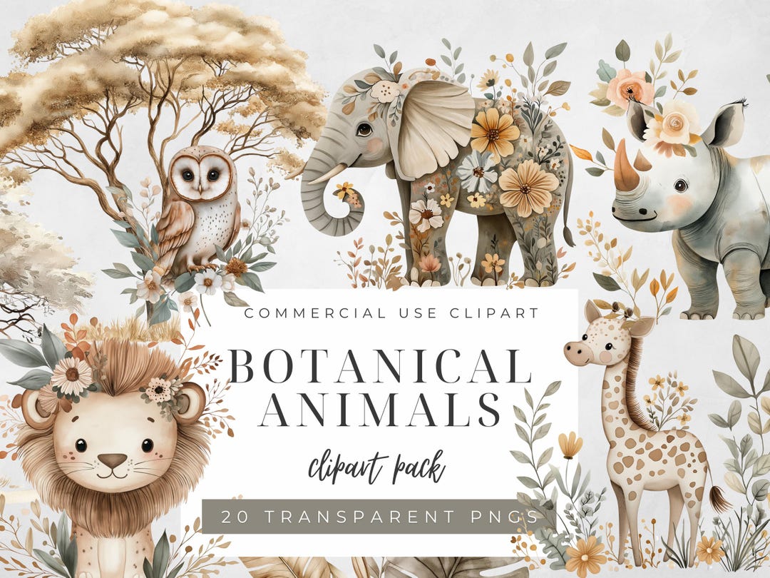 Watercolor Safari Animals Clipart: Botanical Jungle Art (digital ...