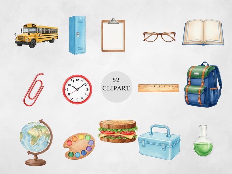 Back to School Clipart | Watercolor School Supplies PNG | Classroom ...