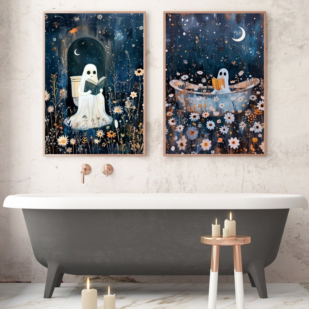 Bathroom Ghosts Printable Art Set | Ghost Reading on the Toilet and ...