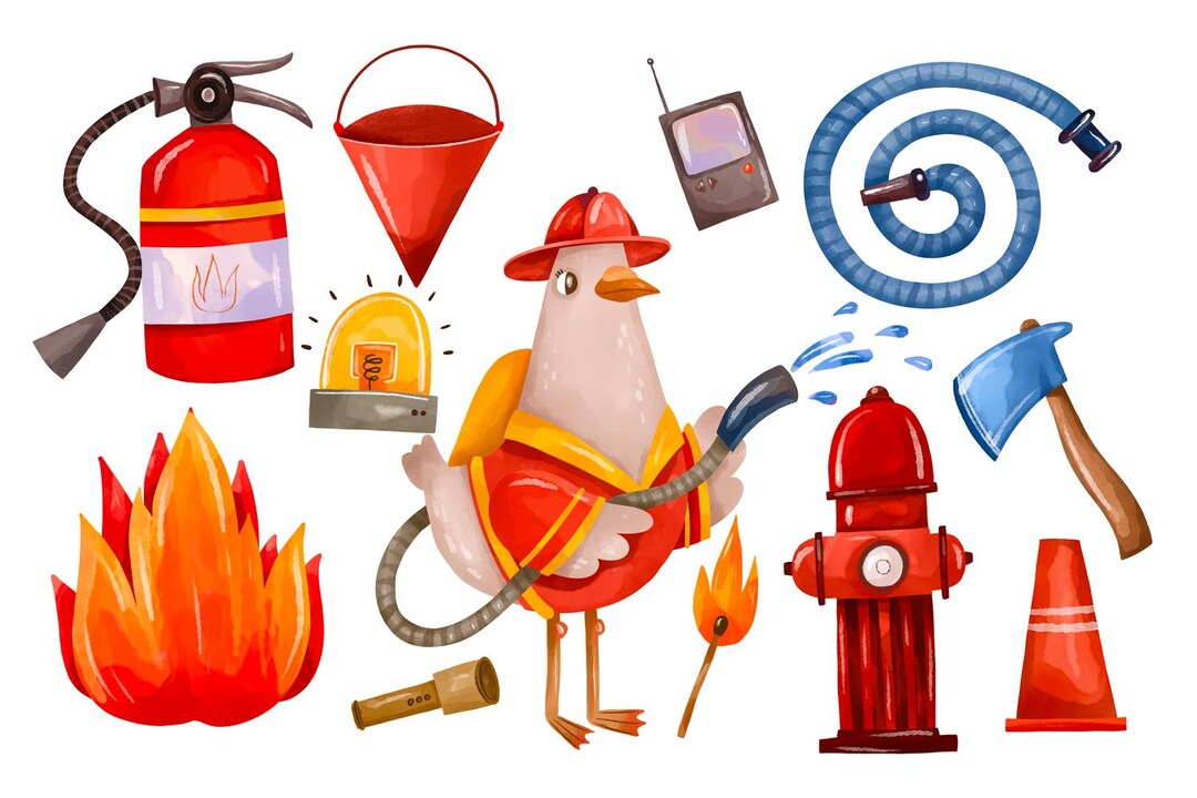 Firefighter Goose Watercolor Clipart Set, Fire Safety PNG Graphics ...