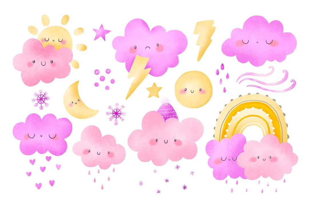 Cartoon Weather Elements Sun Moon and Stars Rainbow Fluffy Clouds ...