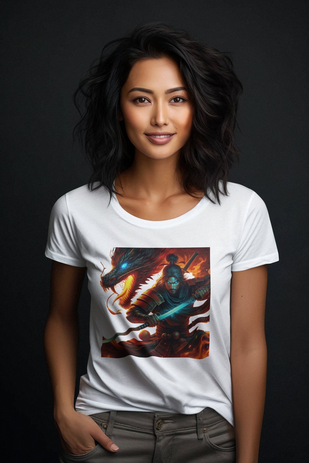 Firey Samurai Swordsman and Dragon Print T-shirt Japanese Manga Style ...