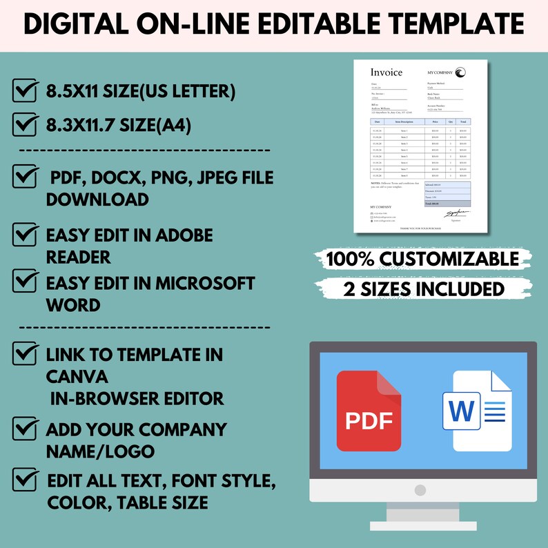 Invoice Template Word/pdf/canva Edit Business Invoice. Editable Invoice ...