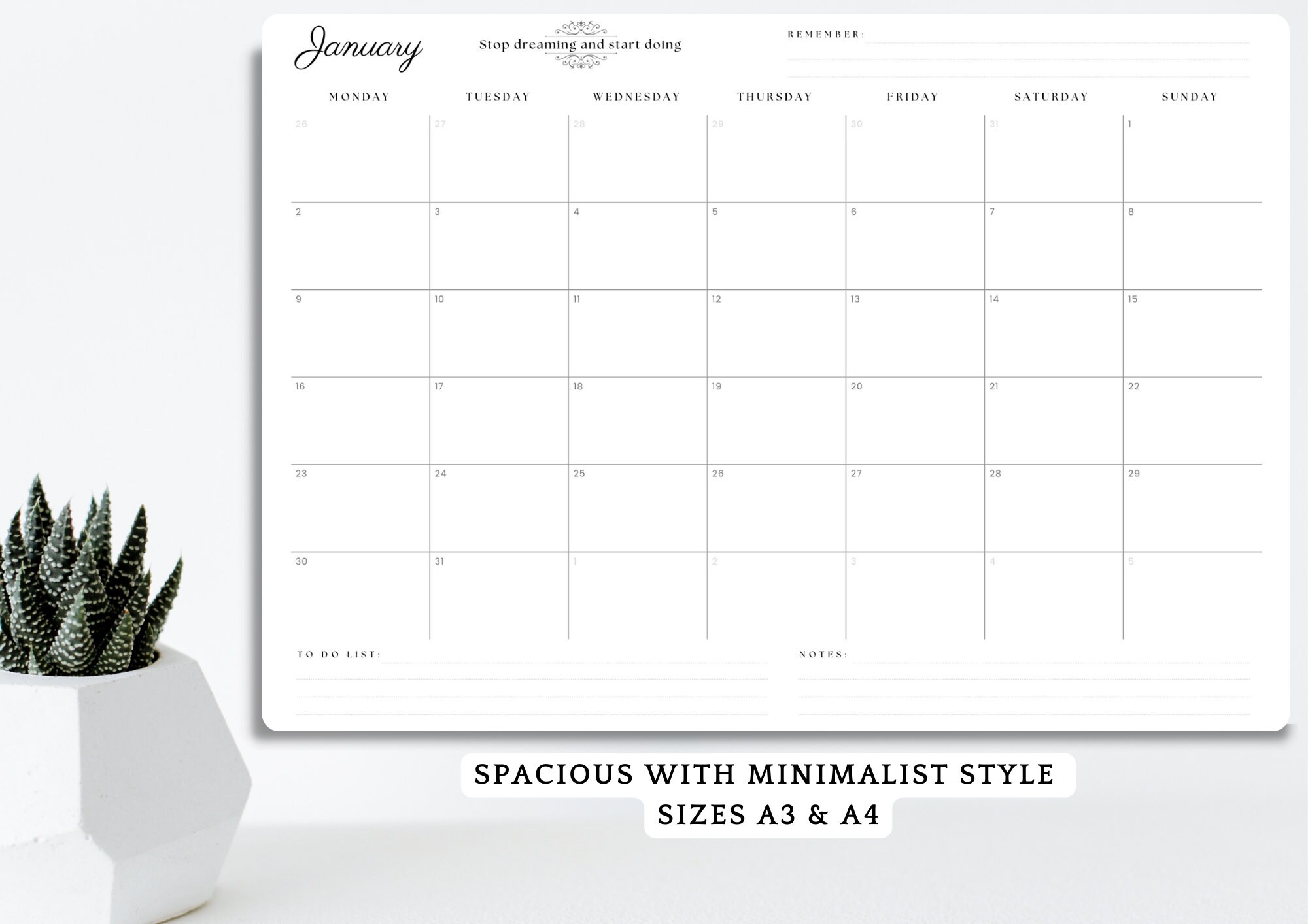 Minimalist Calendar 2024 Digital PDF Printable A3 A4 Unlined & Spacious ...