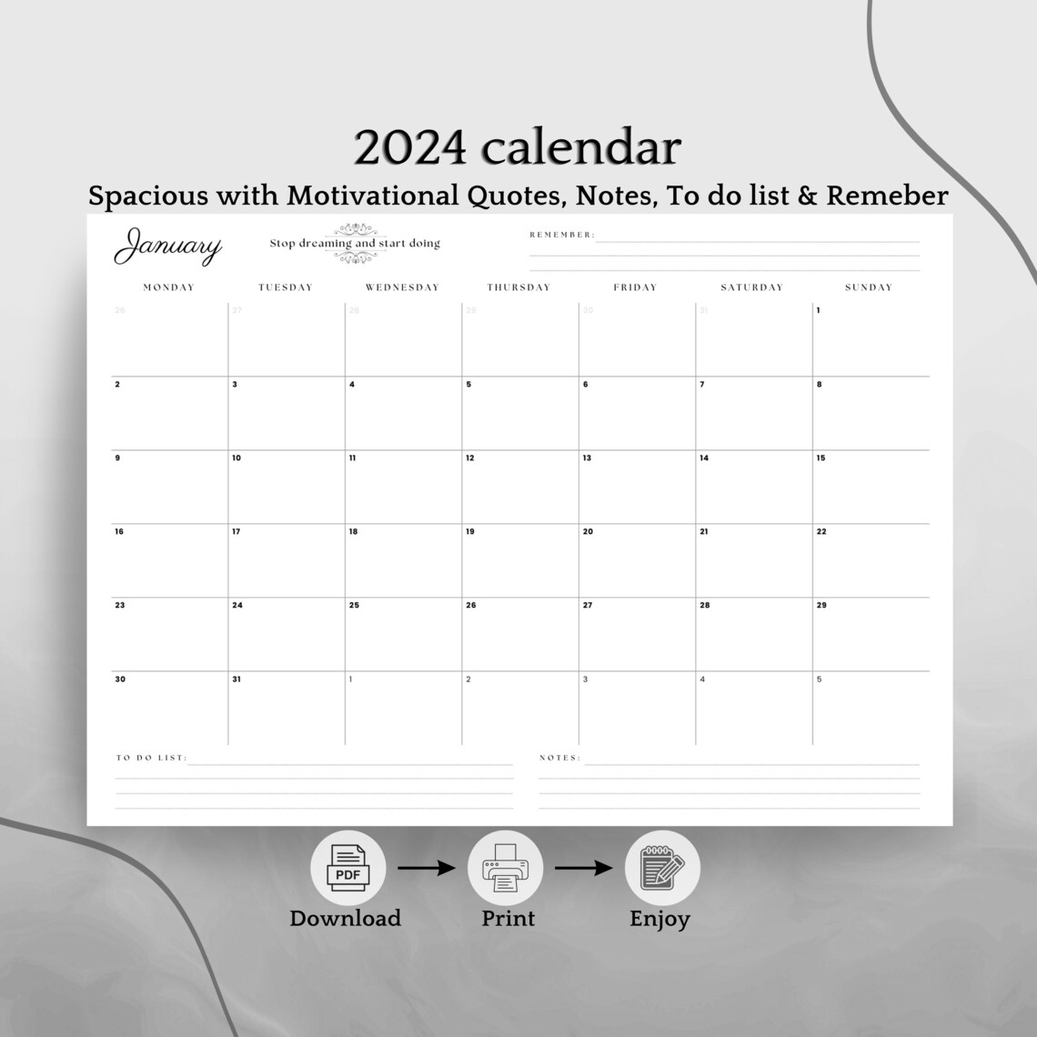 Minimalist Calendar 2024 Digital PDF Printable A3 A4 Unlined & Spacious ...