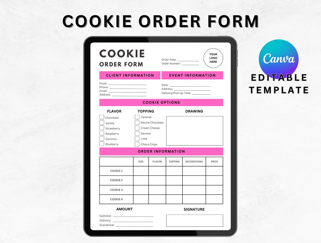 Cookie Order Form, Cookie Form Template, Bakery Order Form, Editable ...