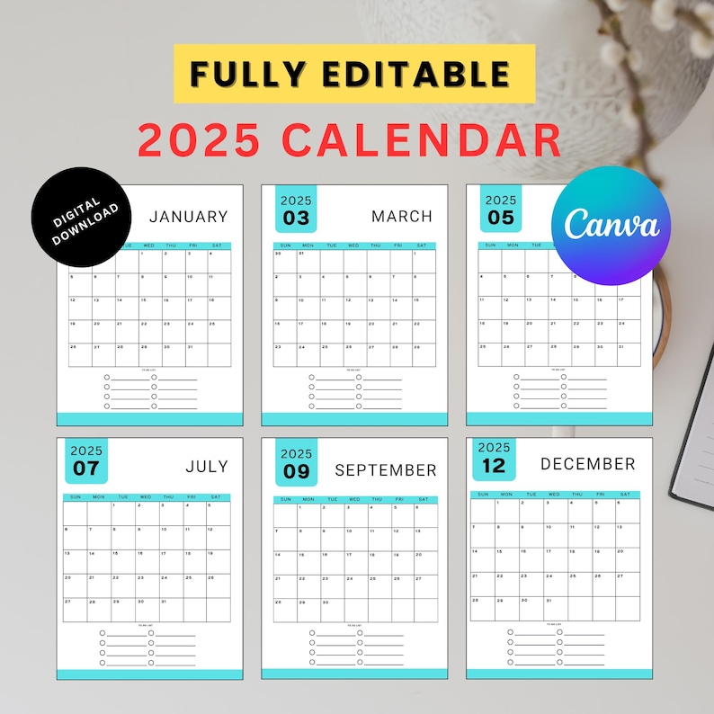 2025 Calendar Canva Template, Editable 2025 Calendar Template, 2025 ...