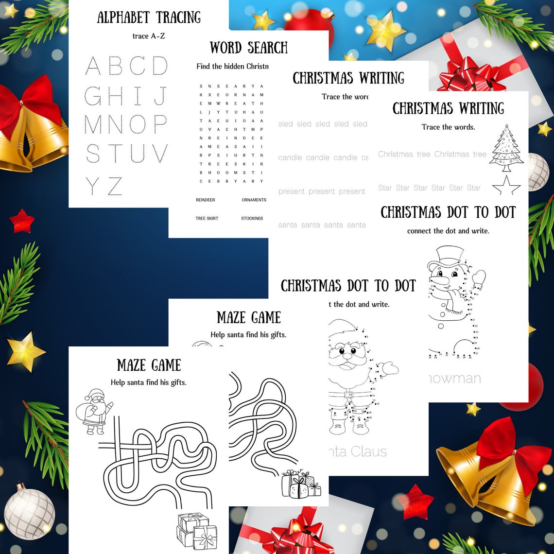 30 Printable Christmas Activities,kid's Activities,work Sheets,maze,dot ...