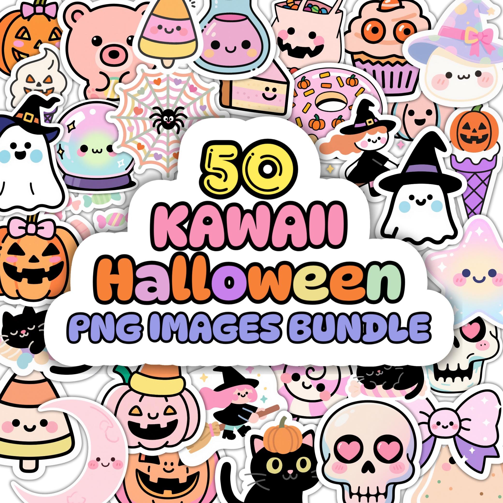 Cute Kawaii Halloween Clipart Bundle | 50 Colorful Pastel Halloween PNG ...