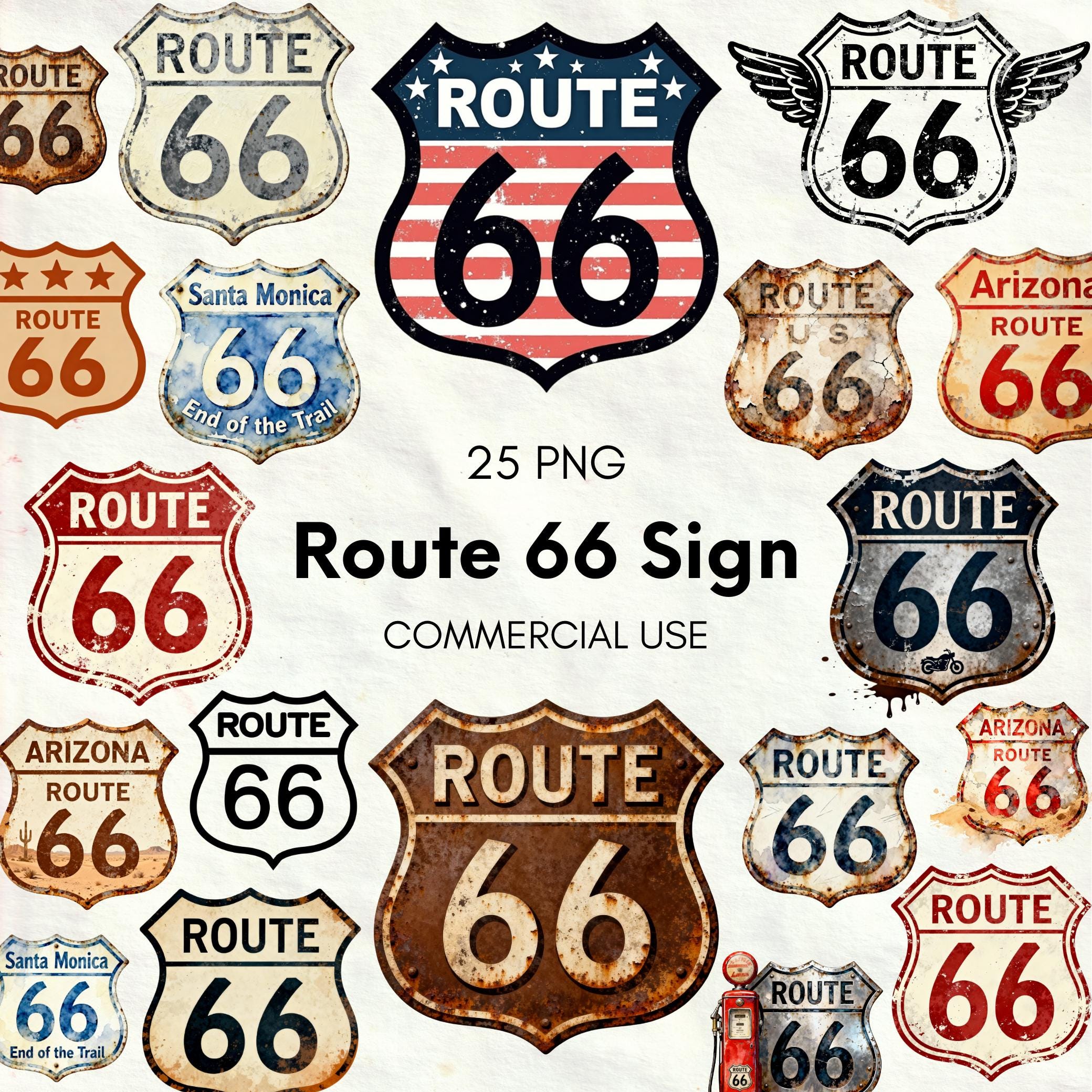 Route 66 Retro Sign Clipart Bundle, Vintage Metal Shield PNG, Rusty ...