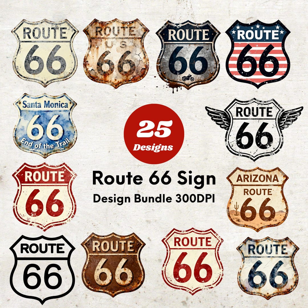 Route 66 Retro Sign Clipart Bundle, Vintage Metal Shield PNG, Rusty ...