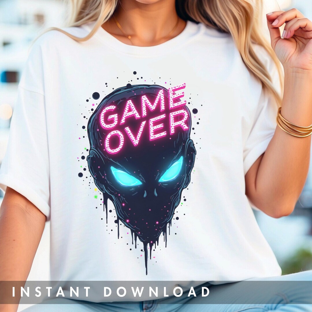 Neon Alien Game Over PNG | Vaporwave Skull With Glowing Eyes | Retro ...