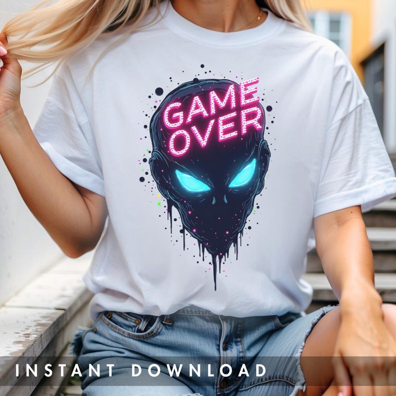 Neon Alien Game Over PNG | Vaporwave Skull With Glowing Eyes | Retro ...