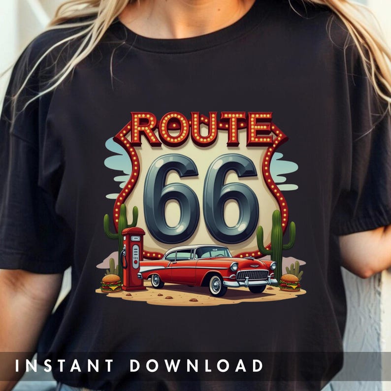 Retro Route 66 Classic Car PNG, Neon Sign Diner Desert Road Trip ...