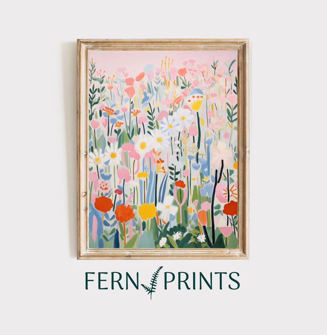 Pink Flower Meadow Painting Cottagecore Wall Art Maximalist Home Decor ...