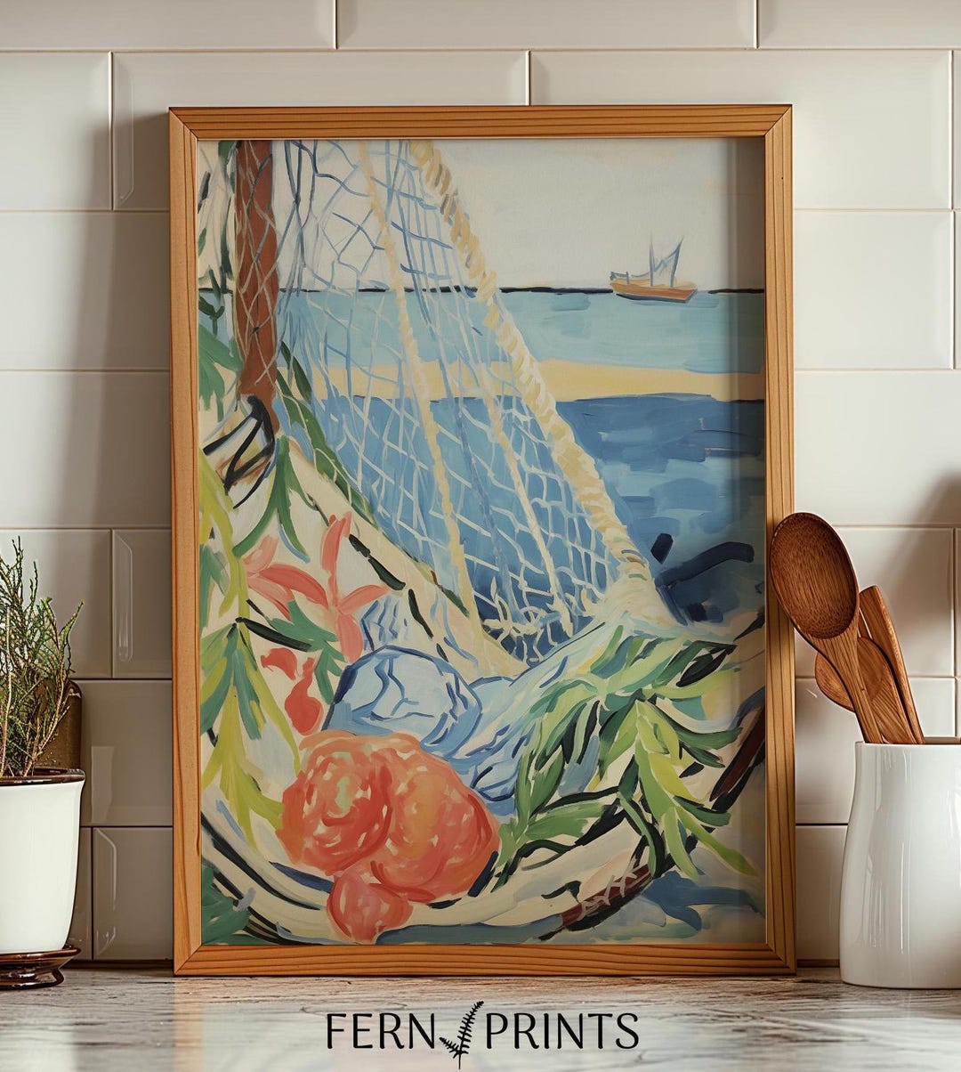 Retro Coastal Fishing Net Print: Beach Scene Nautical Art (digital ...