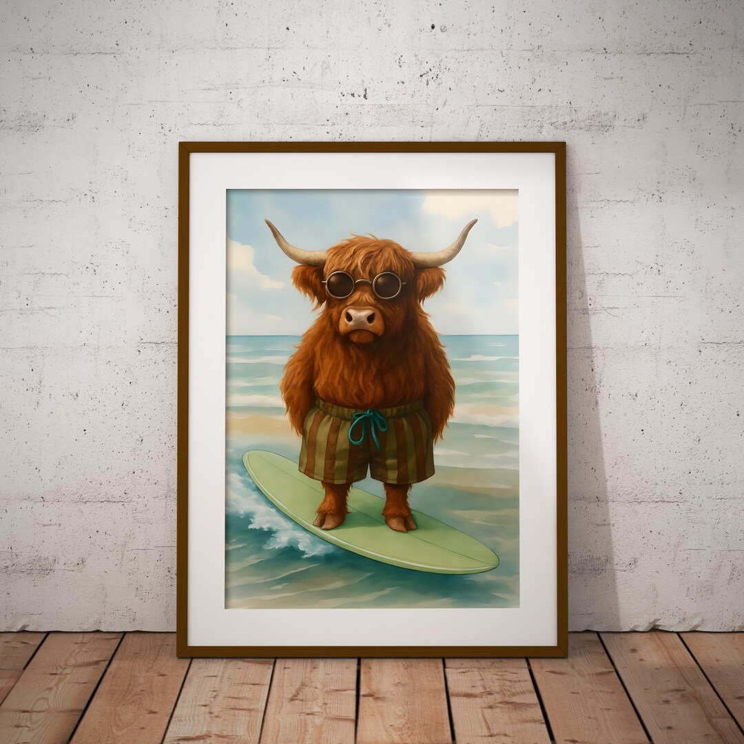 Highland Cow Surfing Print: Beachy Animal Surfboard Wall Art - Etsy