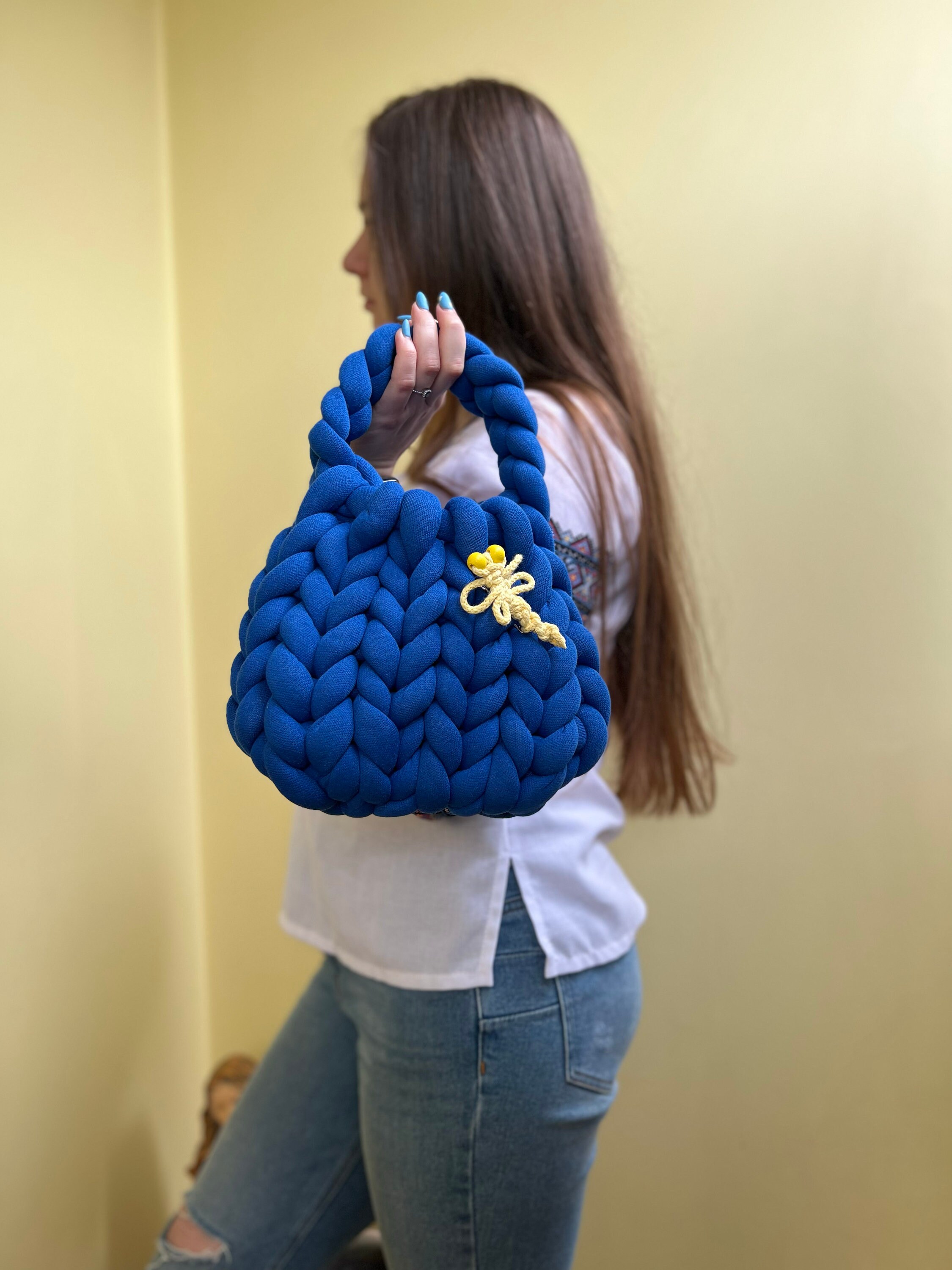 Handmade Handbag Made of Chunky Yarn With Macrame Butterfly and Satin ...