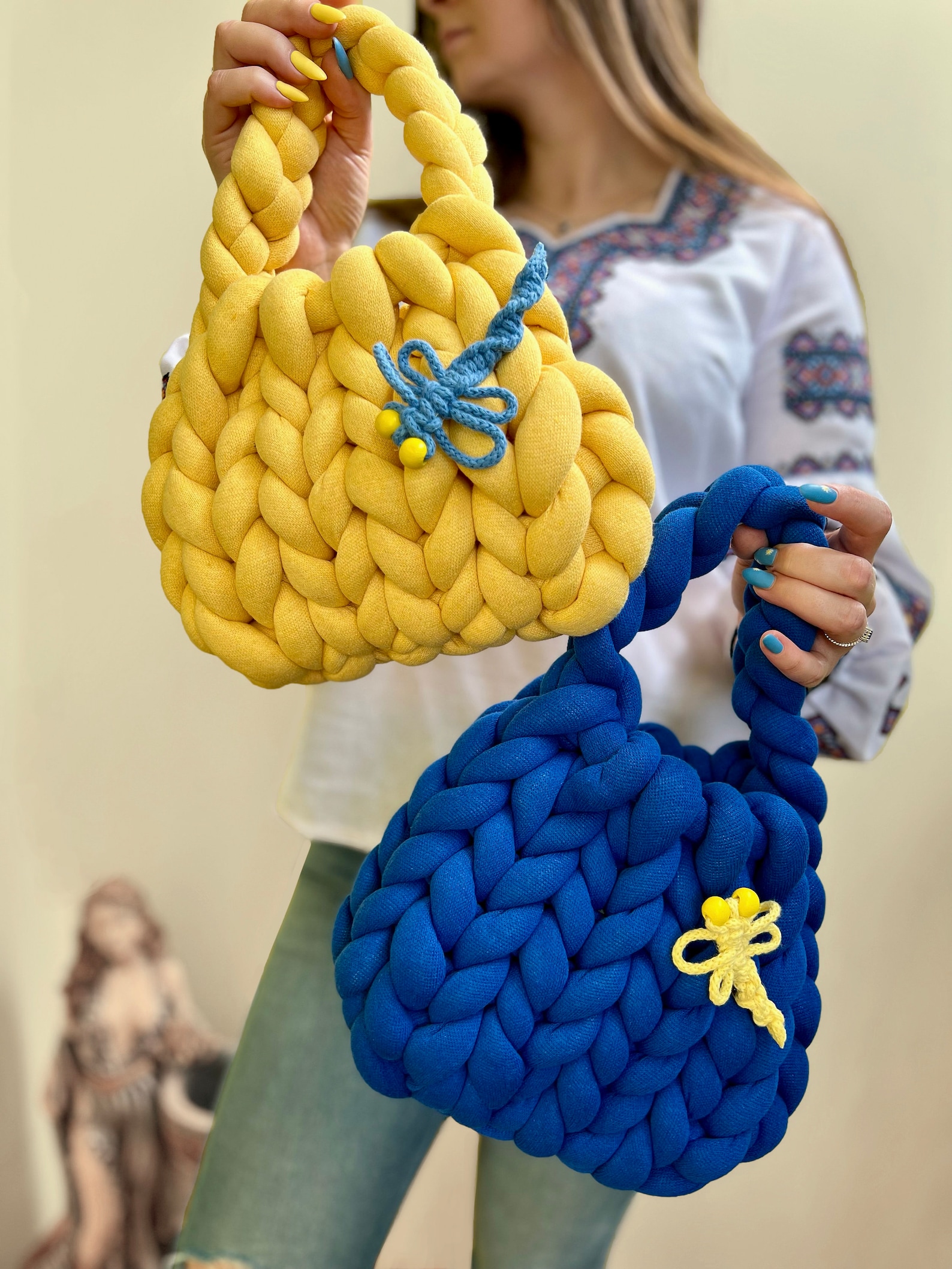 Handmade Handbag Made of Chunky Yarn With Macrame Butterfly and Satin ...