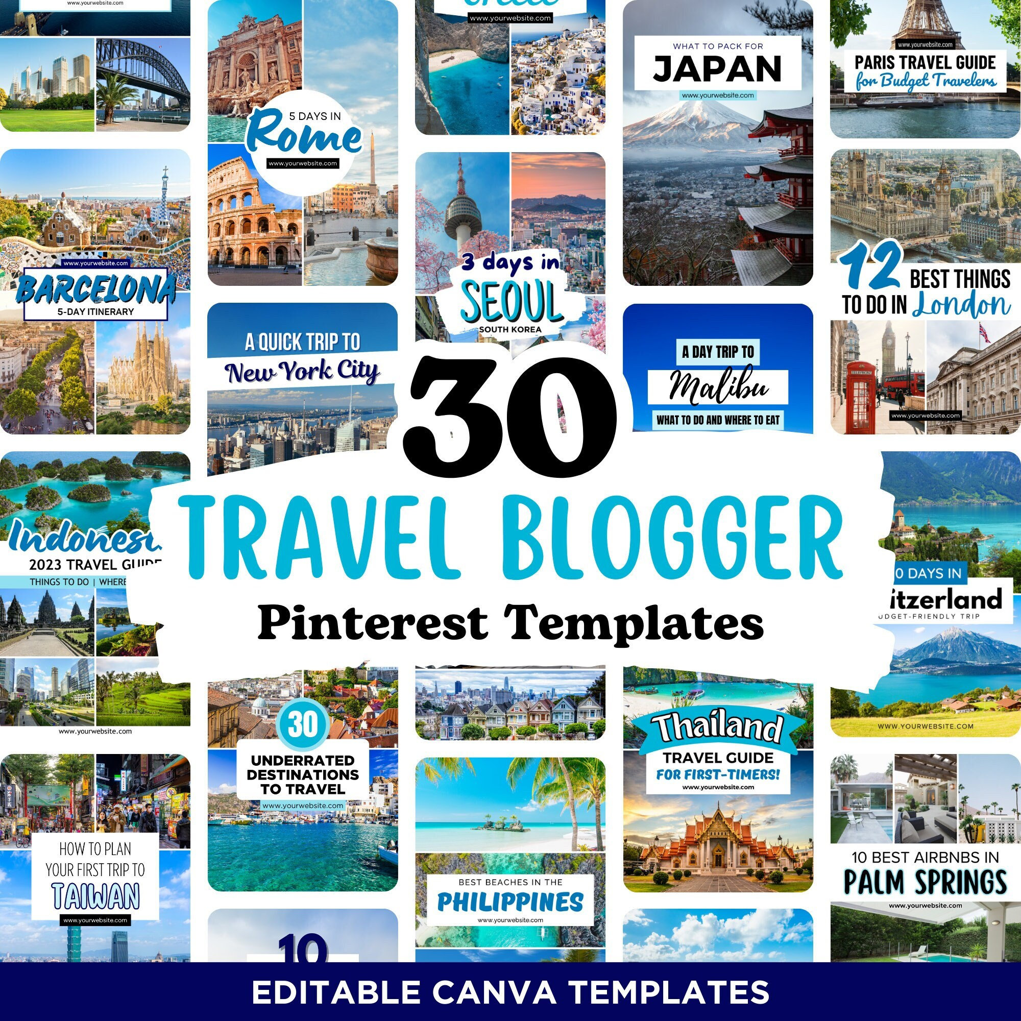 30 Travel Blogger Pinterest Templates: Editable Canva Pins (digital ...