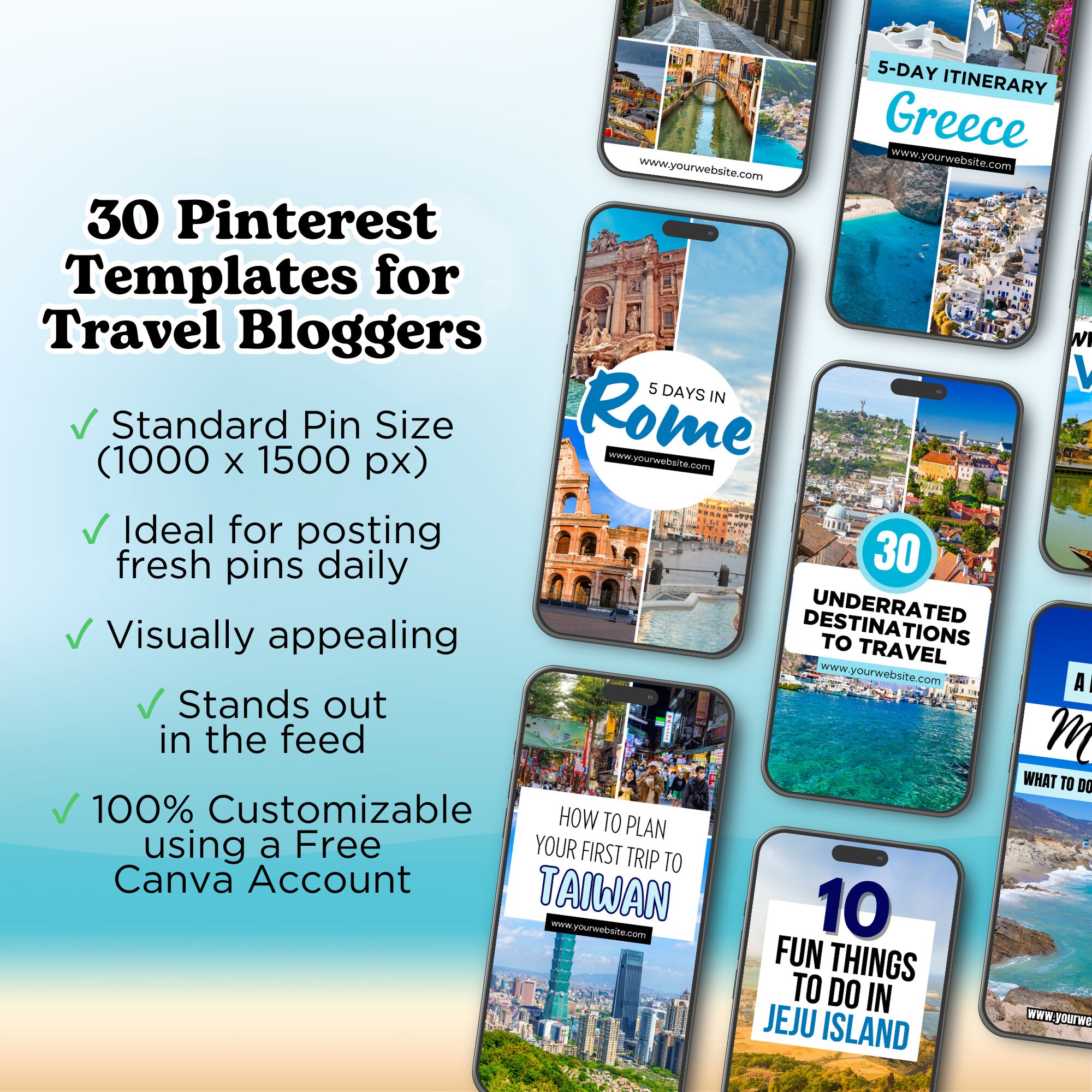 30 Travel Blogger Pinterest Templates: Editable Canva Pins (digital ...