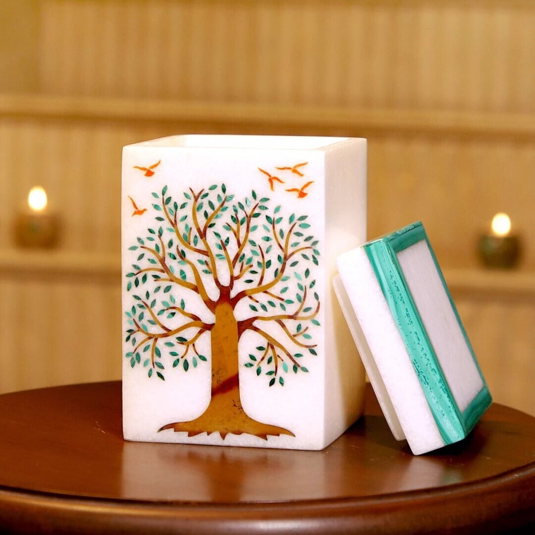 Tree of Life Marble Trinket Box With Inlay Stone Work Semiprecious ...
