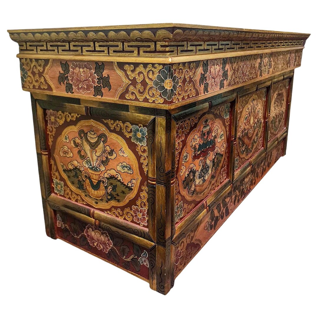 Large Tibetan Meditation Table | Hand-painted Ashtamangala Symbols ...