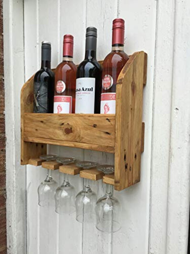 Handmade Wall Mount Wine Rack Holds 4 Bottles and 6 Wine Glasses ...