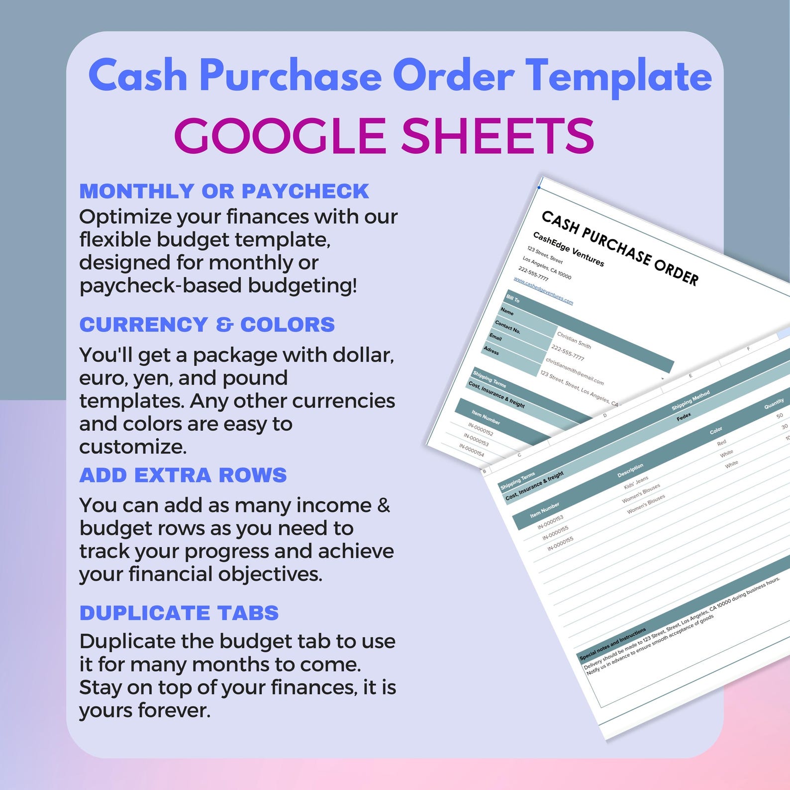 Cash Purchase Order Template | Google Sheets | Track Client Orders ...