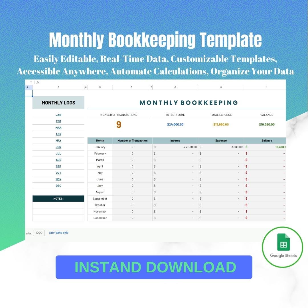 Monthly Bookkeeping Template, Income & Expense Tracker, Google Sheets ...