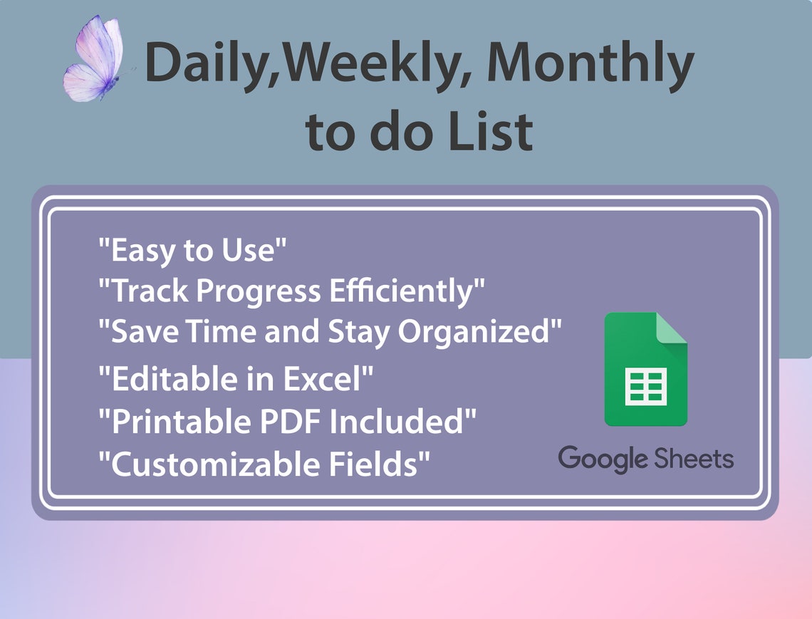 Daily, Weekly, Monthly To-do List Google Sheets Planner Task Organizer ...
