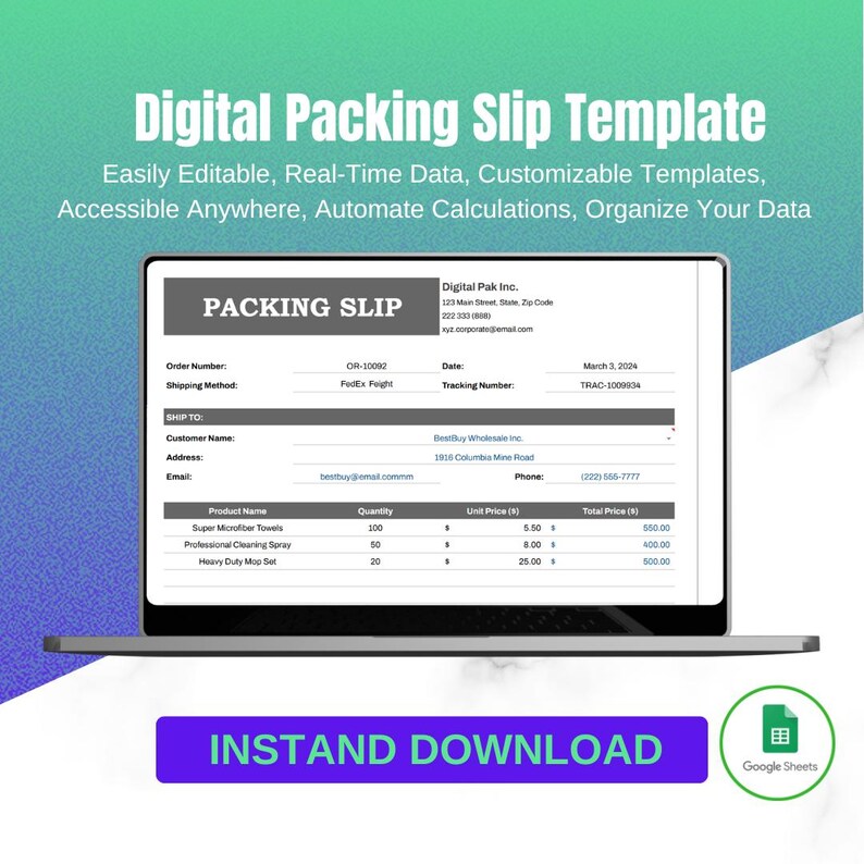 Digital Packing Slip Template Professional & Customizable, Google ...