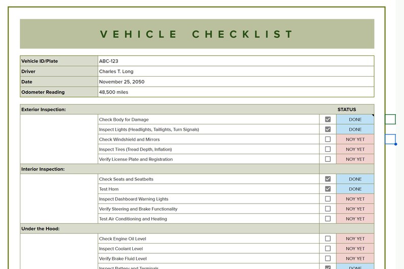 Vehicle Checklist Template | Editable Car Maintenance Planner ...