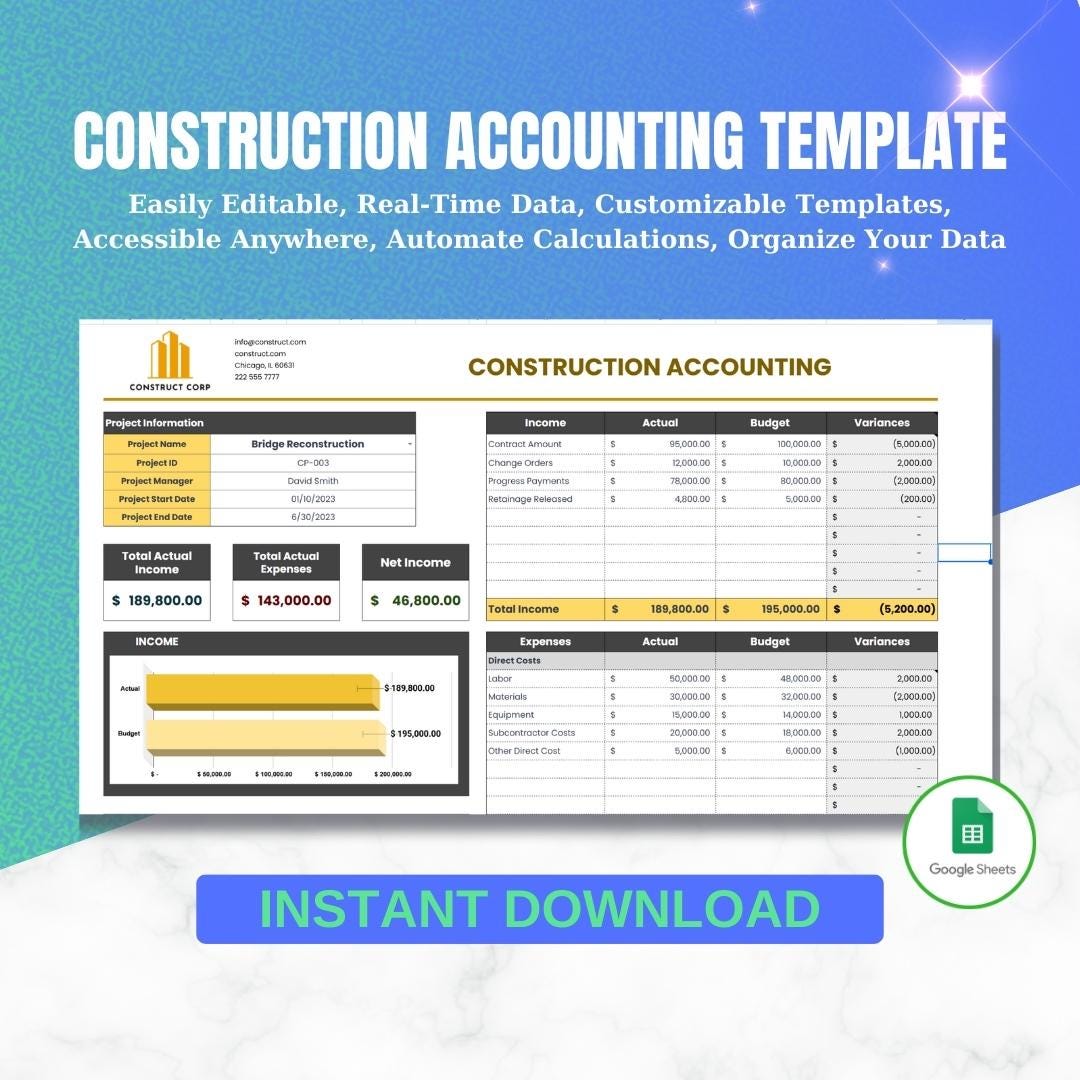 Construction Accounting Template | Project Expense Tracker | Contractor ...
