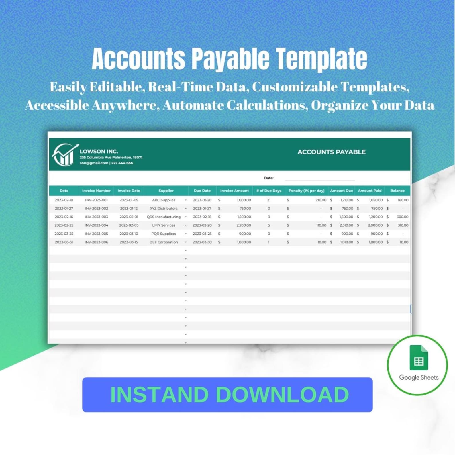Accounts Payable Dashboard Template, Editable Google Sheets, Finance ...