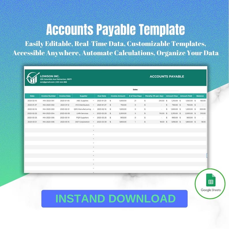 Accounts Payable Dashboard Template, Editable Google Sheets, Finance ...