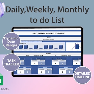 Daily, Weekly, Monthly To-do List Google Sheets Planner Task Organizer ...