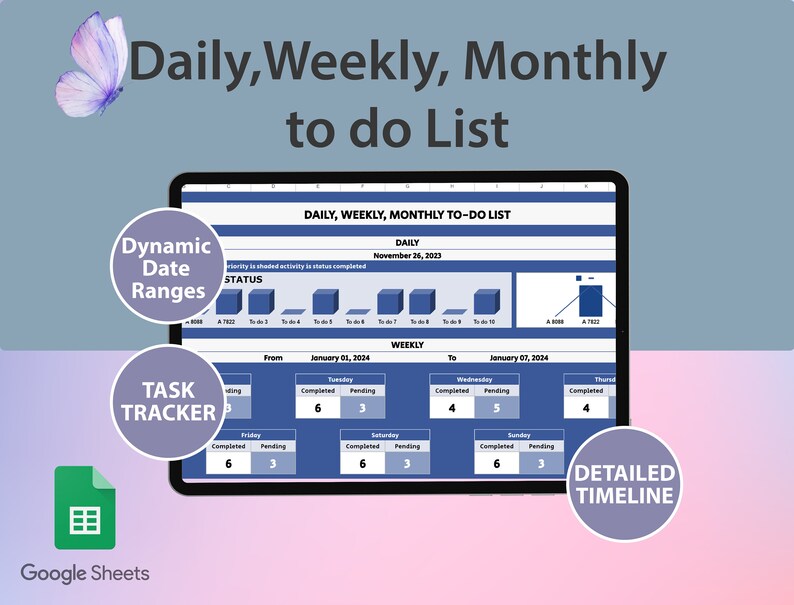 Daily, Weekly, Monthly To-do List Google Sheets Planner Task Organizer ...