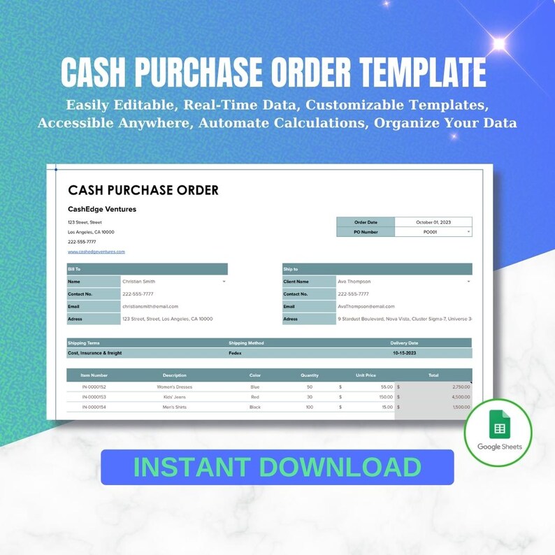 Cash Purchase Order Template | Google Sheets | Track Client Orders ...