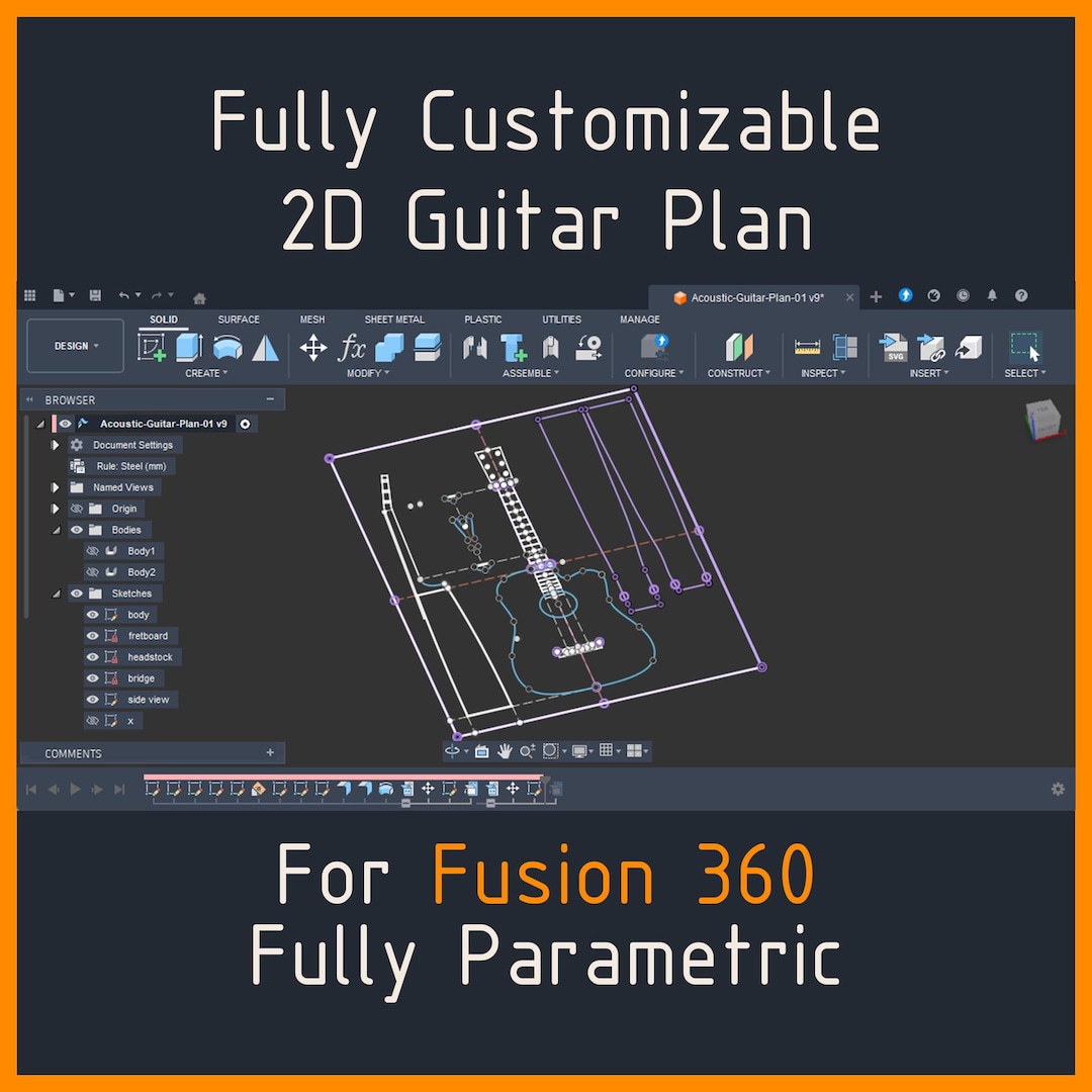 Customizable 2D Guitar Plans CAD Model for Fusion 360, 54 Adjustable ...