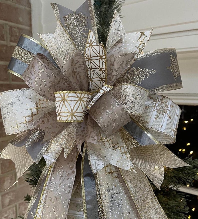 Christmas Tree Topper Bow, Christmas Tree Bow With Burlap Snowflake ...